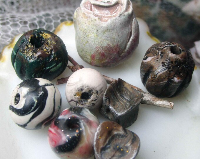 Handmade Polymer Clay Beads - 8 Rustic Beads - Mixed Chunky Primitives ...