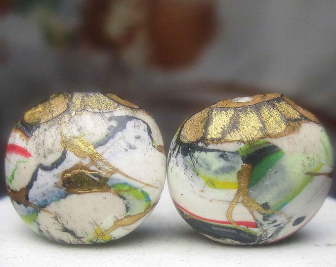 Handmade Polymer Clay Pair- 2 Rustic Beads - Swirl Puffed COINS With ...