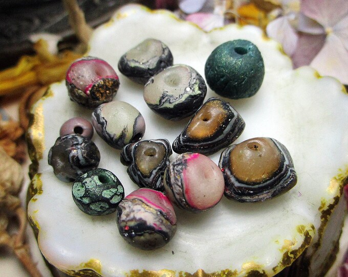 Handmade Polymer Clay Beads | 13 Rustic Beads | Round, Rondelle, Wedge ...