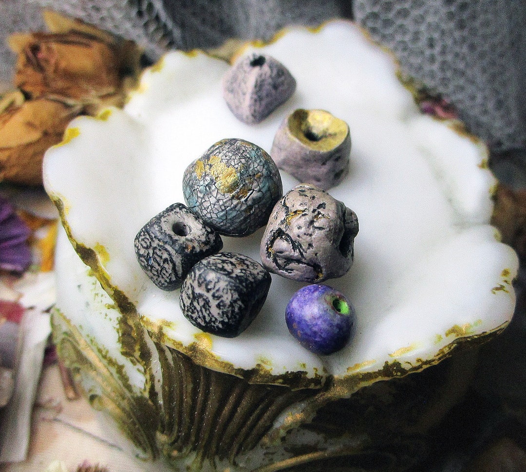 Handmade Polymer Clay Beads 7 Rustic Beads Grungy Putty, Pinkish Taupe ...