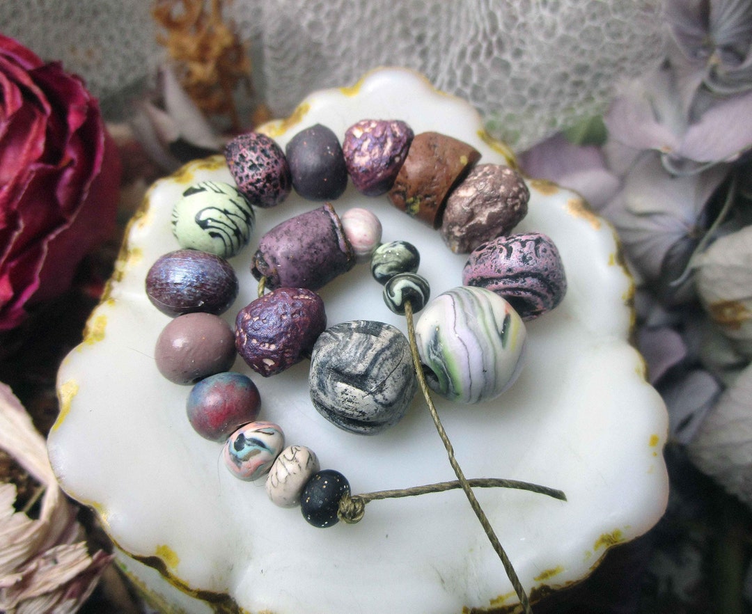 Handmade Polymer Clay Beads - 20 Rustic Beads - Mixed Singles Set ...