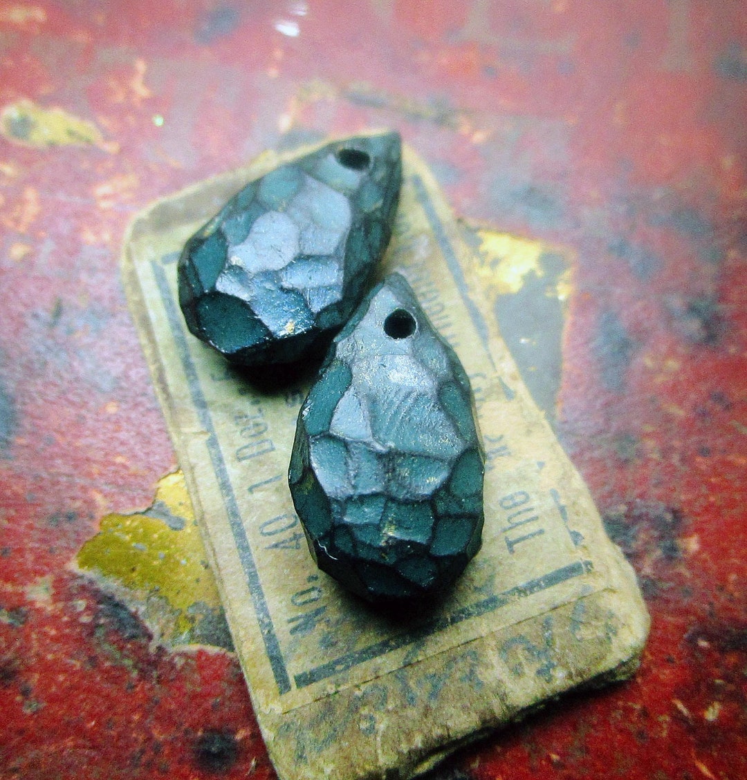 Faceted Polymer Clay Bead Pair - 2 Rustic Faceted Teardrops - Primitive ...