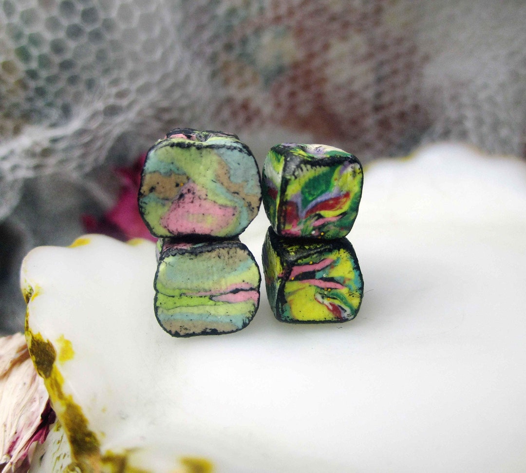 Handmade Polymer Clay Set 4 SMALL Rustic Beads Blocks W Pinched Edges ...