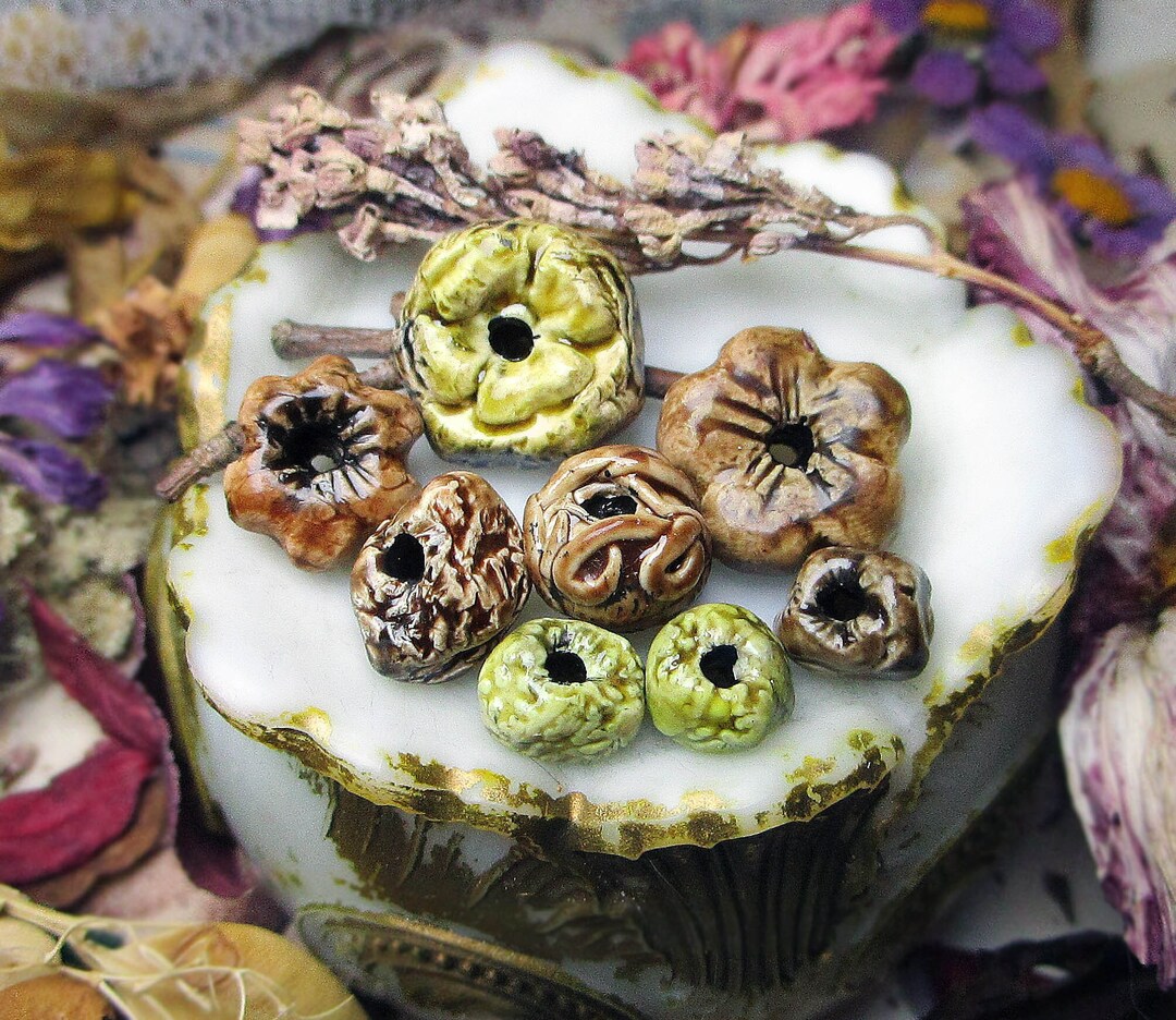 Handmade Polymer Clay Beads 8 Rustic Glazed Beads Folk Bead Set ...