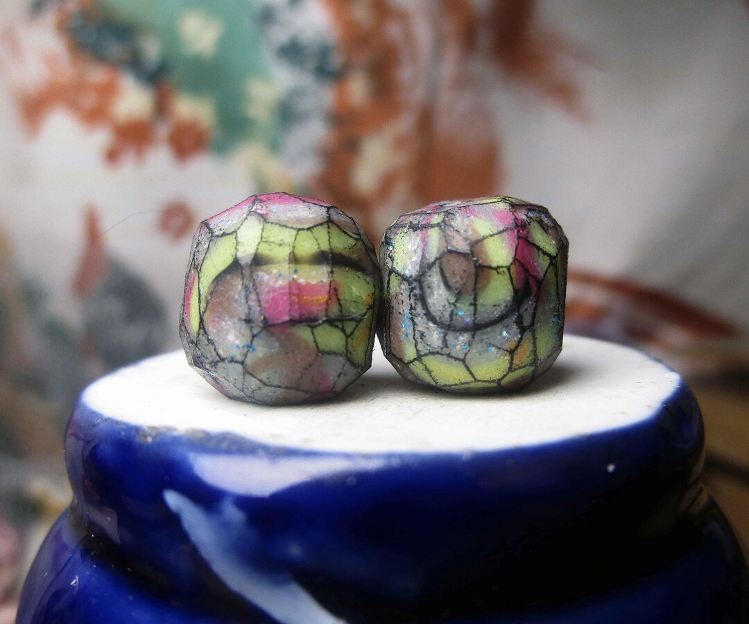 Faceted Polymer Clay Bead Pair 2 Rustic Faceted Blockish Rounded ...