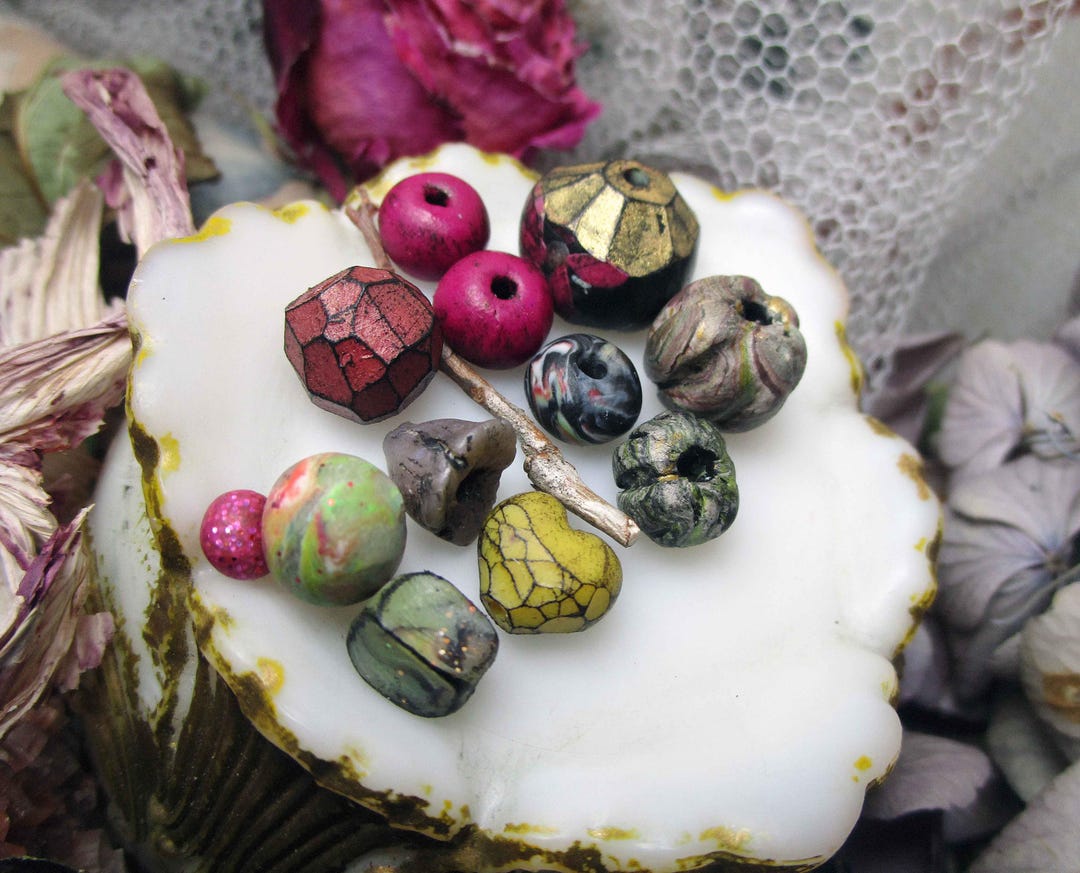 Handmade Polymer Clay Set - 12 Rustic Beads - Mixed Rounds, Rondelles ...