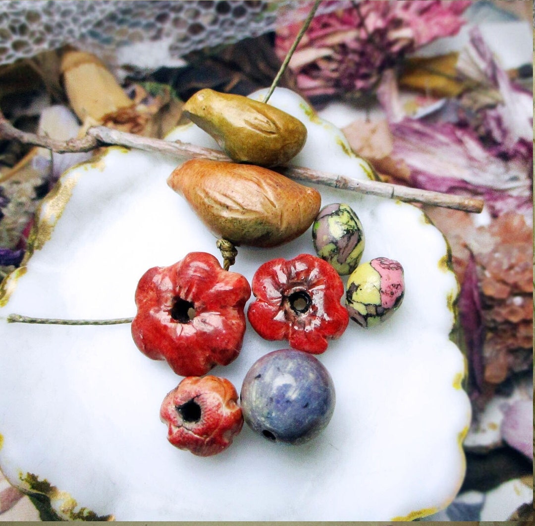 Handmade Polymer Clay Beads 8 Rustic Glazed Beads Folk Bead Set ...