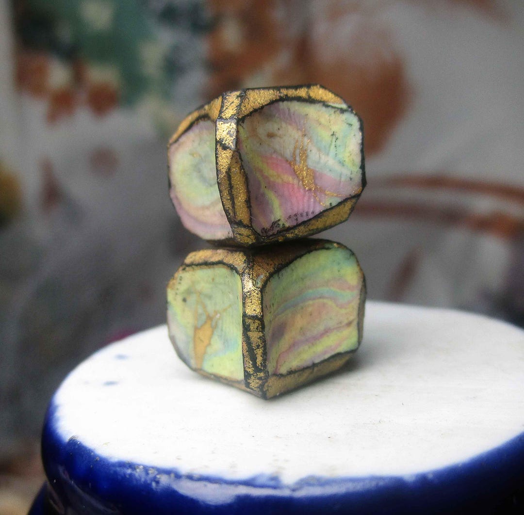 Handmade Polymer Clay Pair - 2 Rustic Beads - Pinched Cubes W Faceted ...