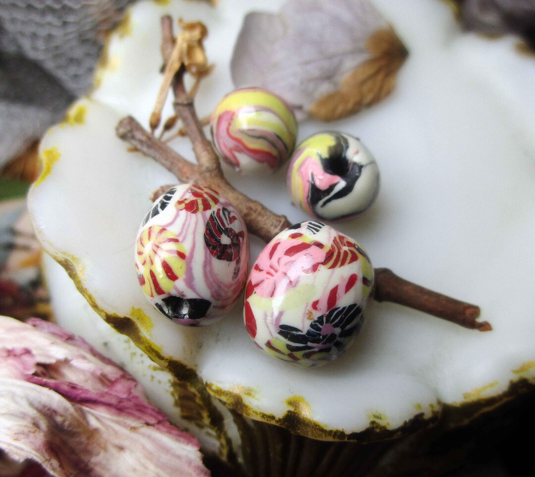 Handmade Polymer Clay Bead Set 4 Rustic Beads 2 Pairs Millefiori Cane ...