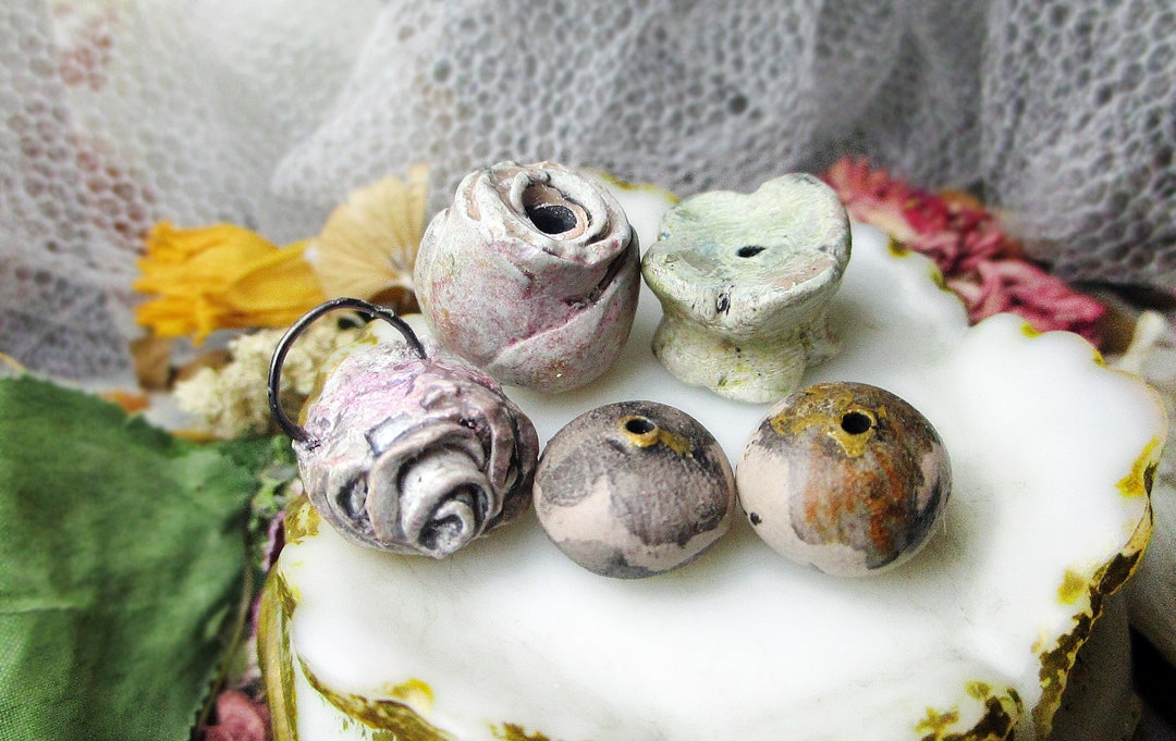 Handmade Polymer Clay Beads 5 Rustic Beads Hand Sculpted Rose Focals ...