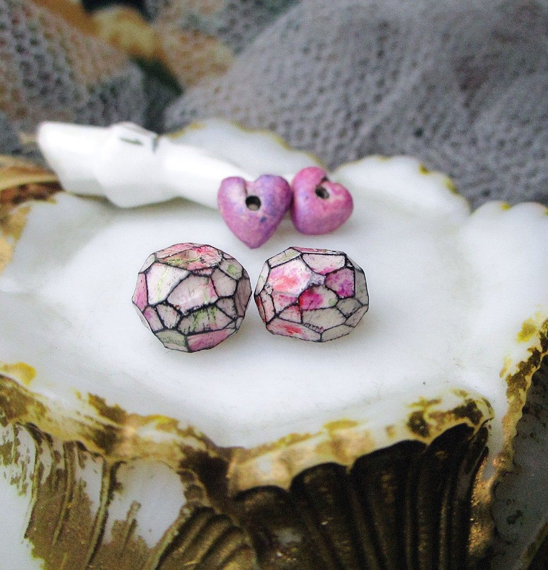 Faceted Polymer Clay Bead Set - 2 Rustic Pairs - Primitive Faceted ...