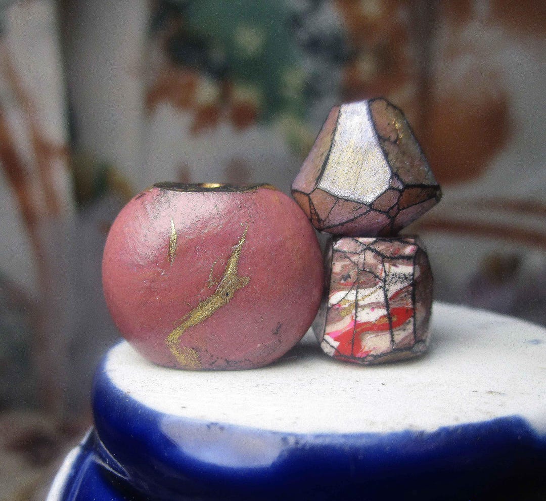 Polymer Clay Bead Trio - 3 Rustic Beads - Primitive Faceted Nuggets and ...