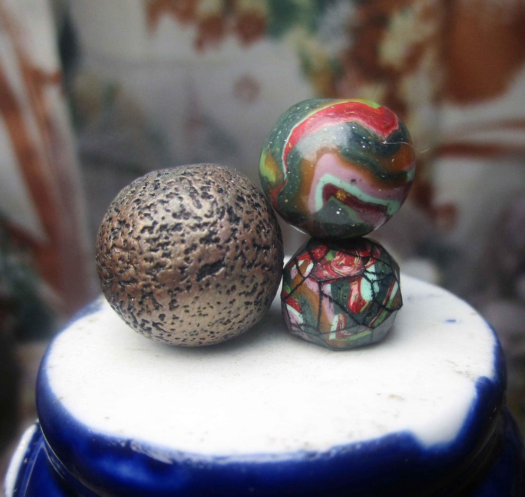 Polymer Clay Bead Trio - 3 Rustic Beads - Primitive Chvnky Round ...