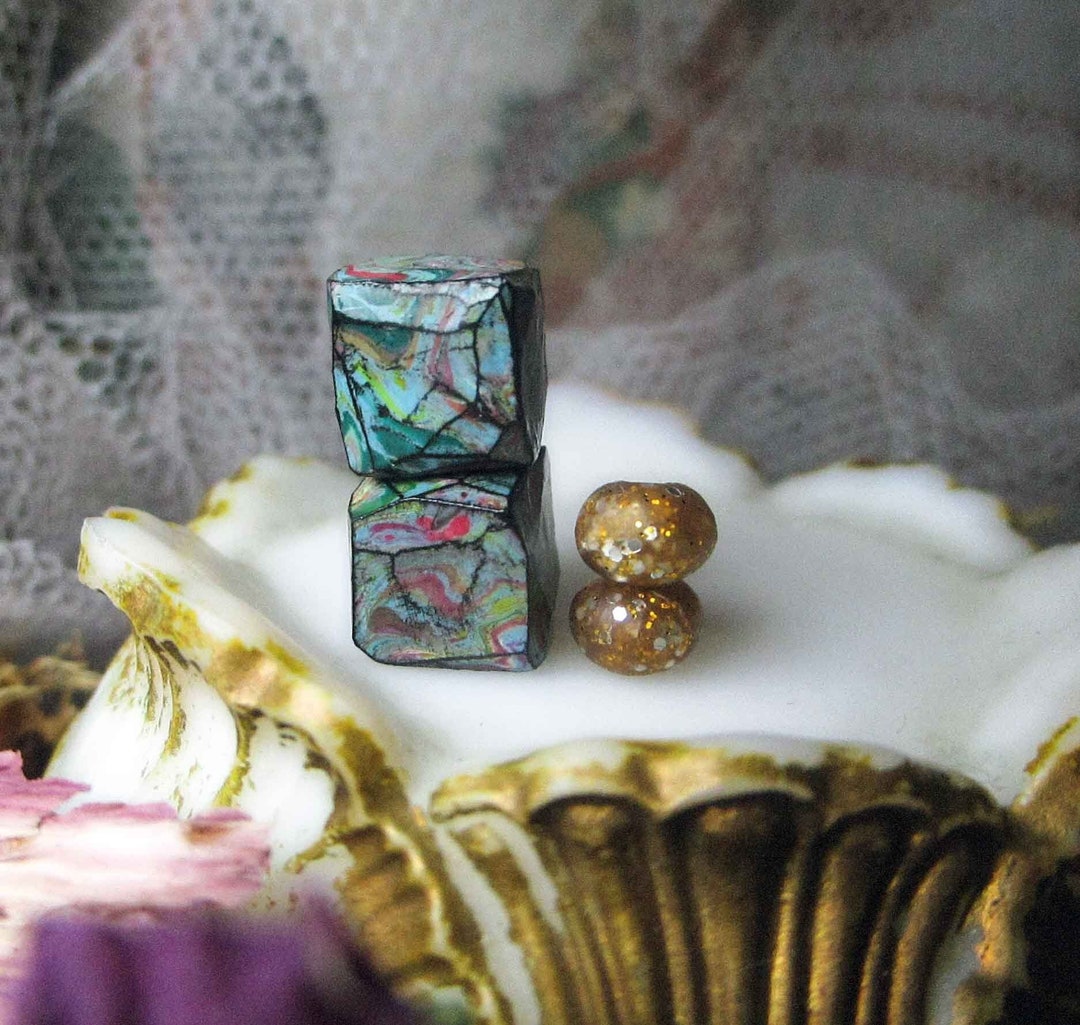 Handmade Polymer Clay Bead Set 4 Rustic Beads Primitive Faceted Cubes ...