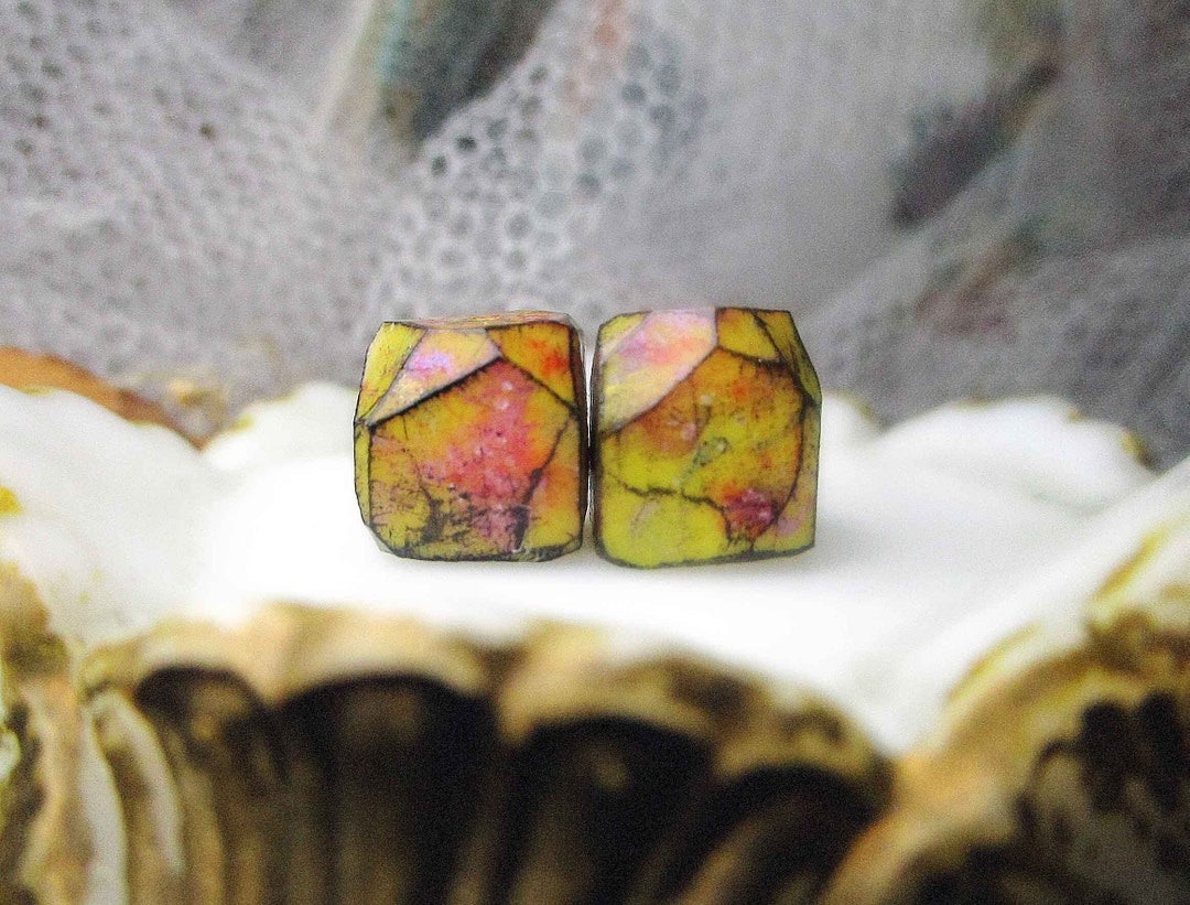 Faceted Polymer Clay Bead Pair 2 Rustic Faceted Cubes Grungy Lemon ...