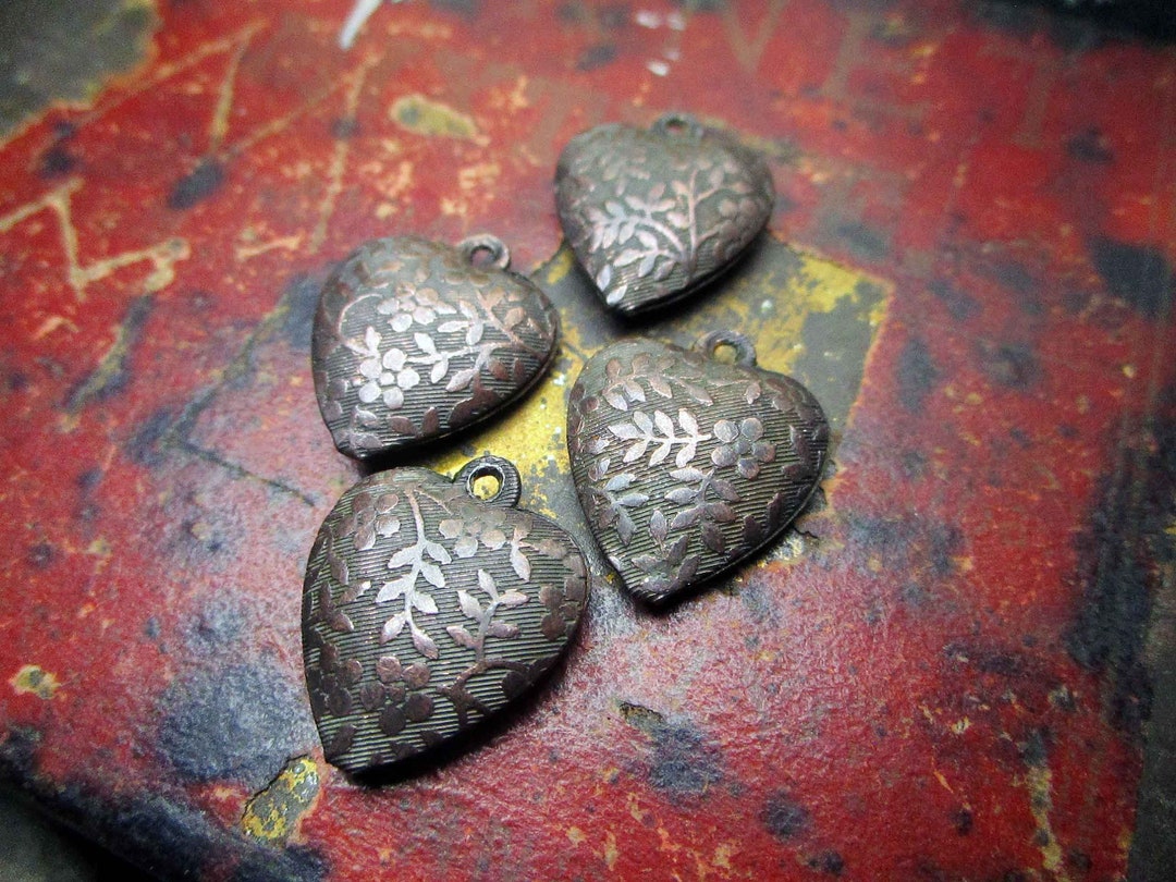 Rustic Metal Charms 4 Puffed Heart Charms Oxidized Gold Tone Perfect ...
