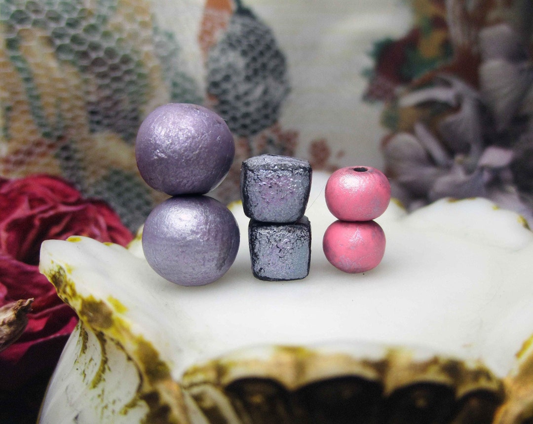 Handmade Polymer Clay Sets 6 Rustic Beads Primitive Iridescent Lavender ...