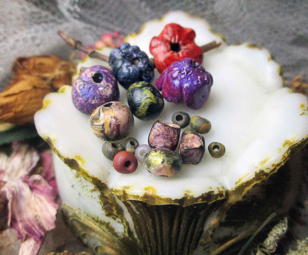 Handmade Polymer Clay Beads 17 Rustic Beads Primitive Mixed Set Rounds ...