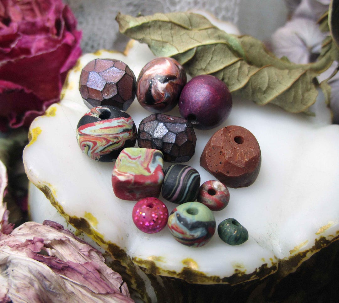 Handmade Polymer Clay Set - 12 Rustic Beads - Mixed Rounds, Rondelles ...