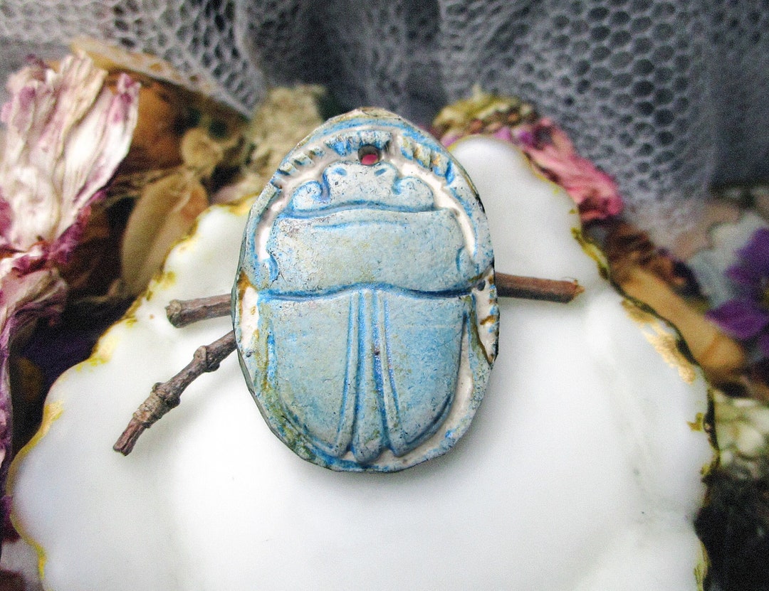 Polymer Clay Pendant - Rustic Blue Scarab - Primitive Oval Pendant ...