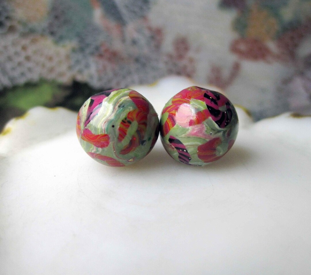 Handmade Polymer Clay Bead Pair 2 Rustic Beads Khaki Putty W Colorful ...
