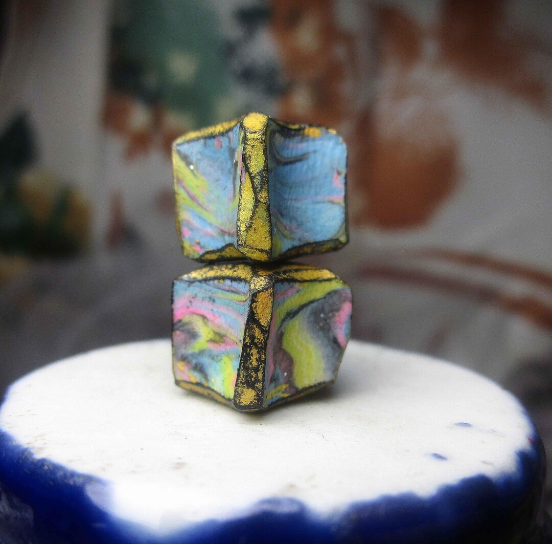 Handmade Polymer Clay Pair - 2 Rustic Beads - Pinched Cubes W Faceted ...
