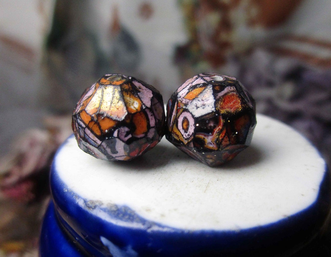 Handmade Polymer Clay Bead Pair 2 Rustic Faceted Beads Chaos Cane Swirl ...