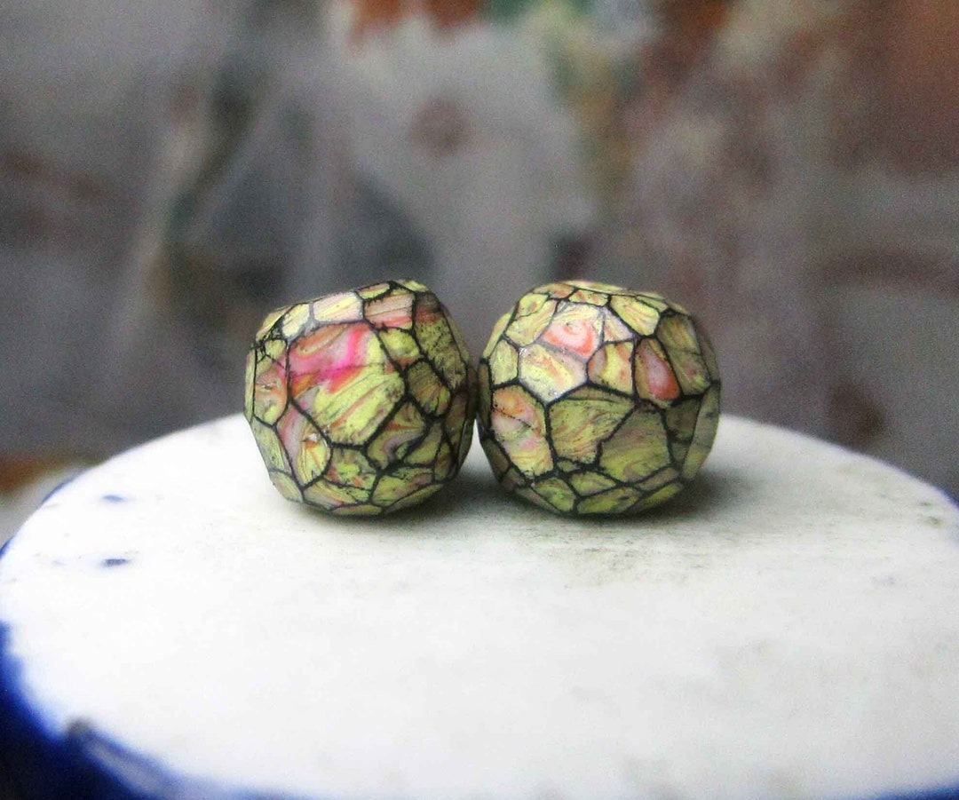 Faceted Polymer Clay Bead Pair 2 Rustic Faceted Blockish Rounds ...