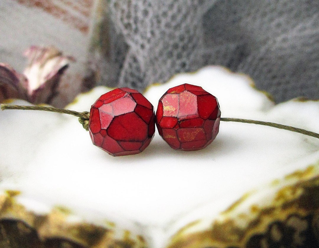 Handmade Polymer Clay Bead Pair 2 Rustic Faceted Rounds Primitive Red W ...