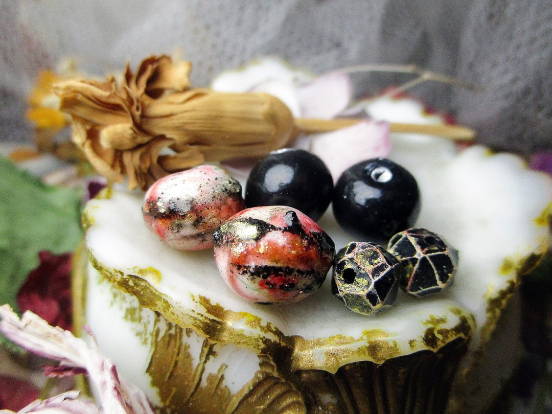 Polymer Clay Bead Set 6 Rustic Beads 3 Pairs Sparkle Band Rondelles ...