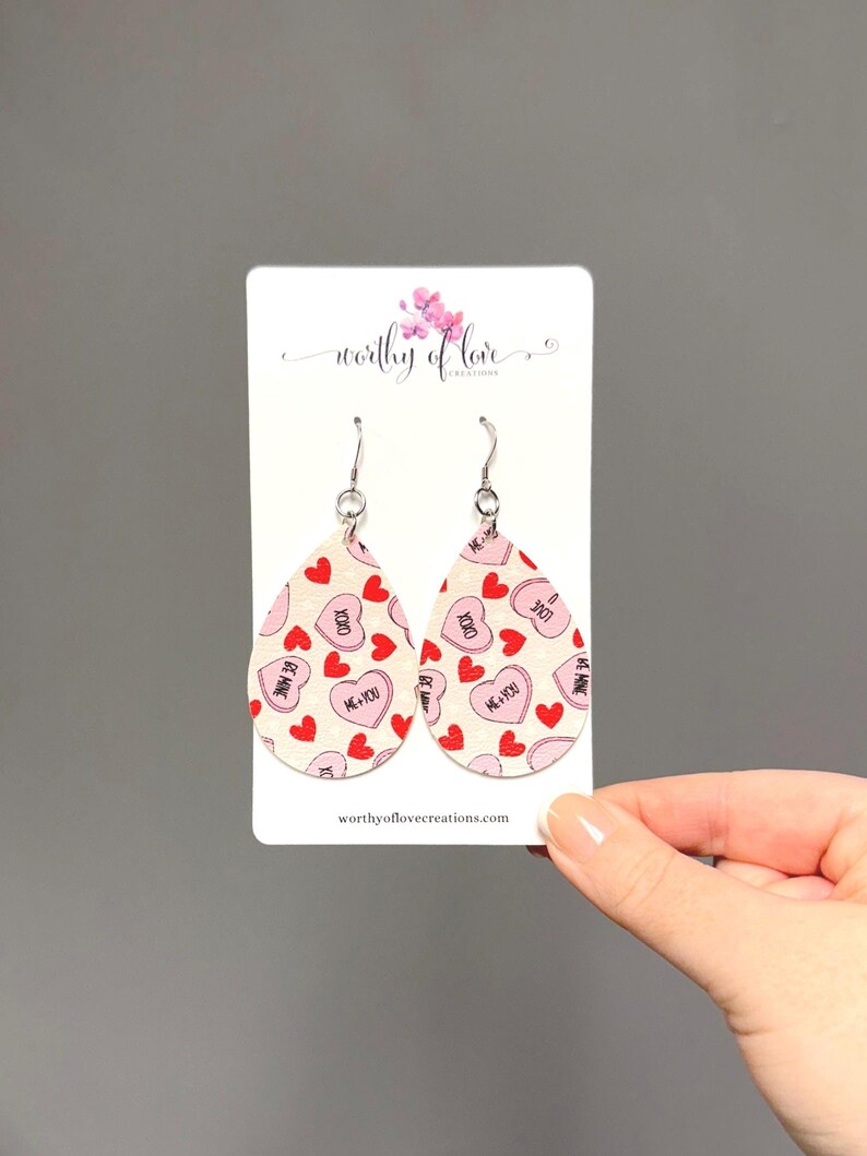 Valentine's Day Faux Leather Earrings: Candy Heart Stainless Steel ...