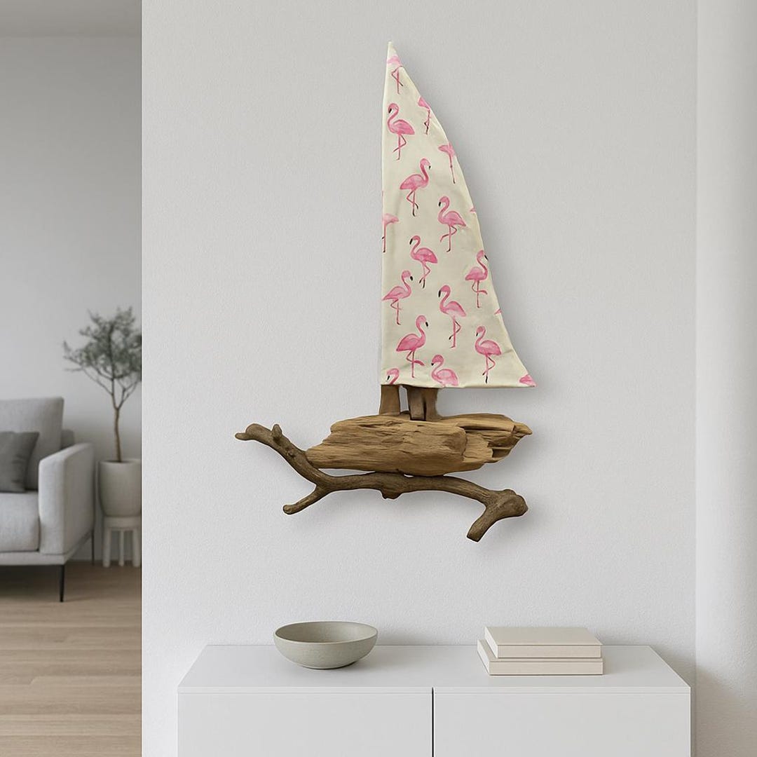 Driftwood Sailboat Wall Art With Flamingo Fabric - Nautical Beach House ...