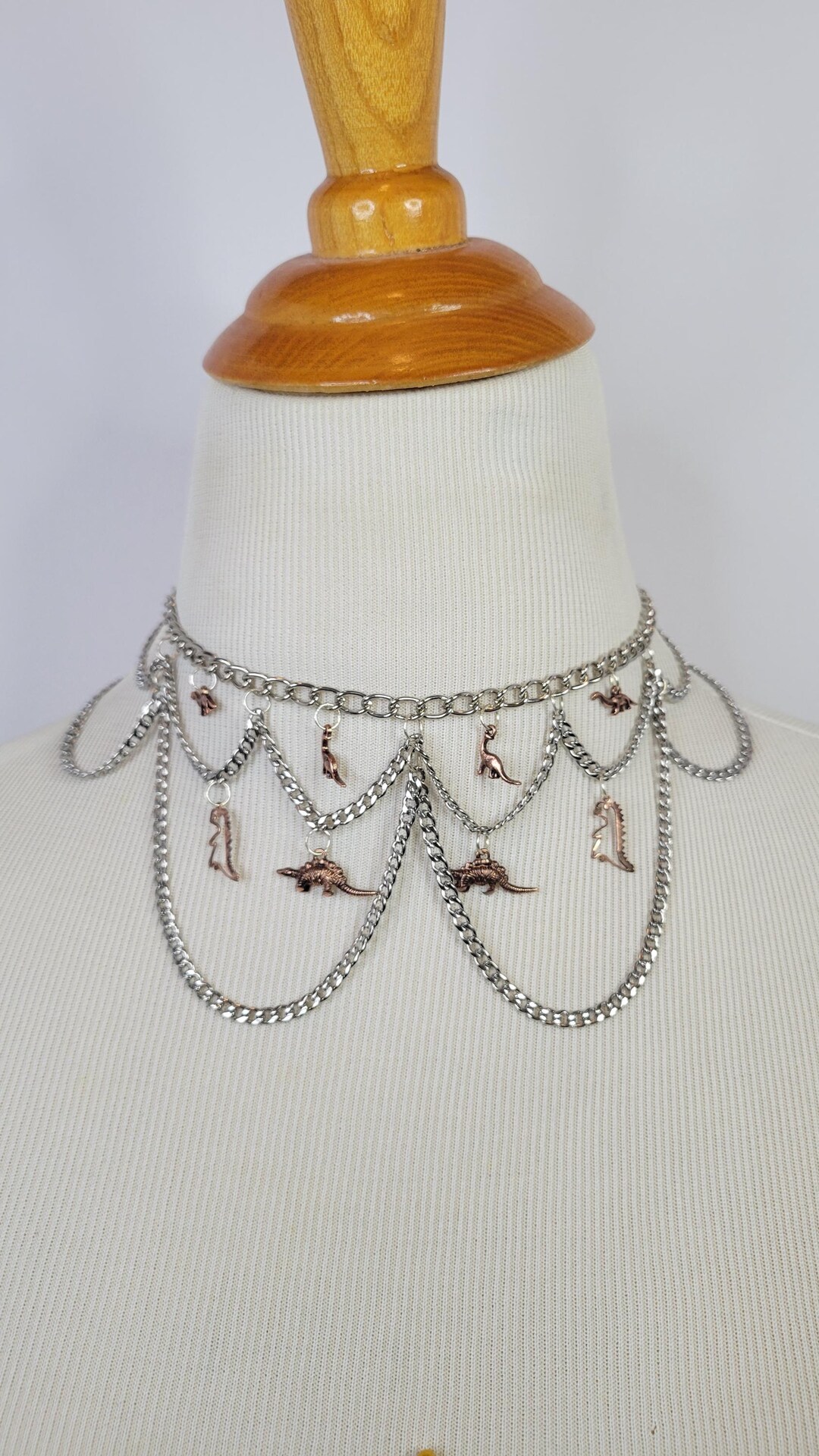 Dinosaur Charm Choker | Layered Chain Necklace With Mini Dino Pendants ...