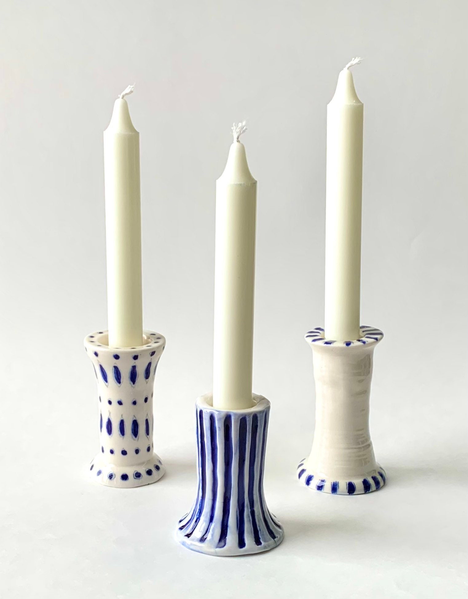 Only 1 Set Available 3 Porcelain Candlestick Holders, Striped, Rustic ...
