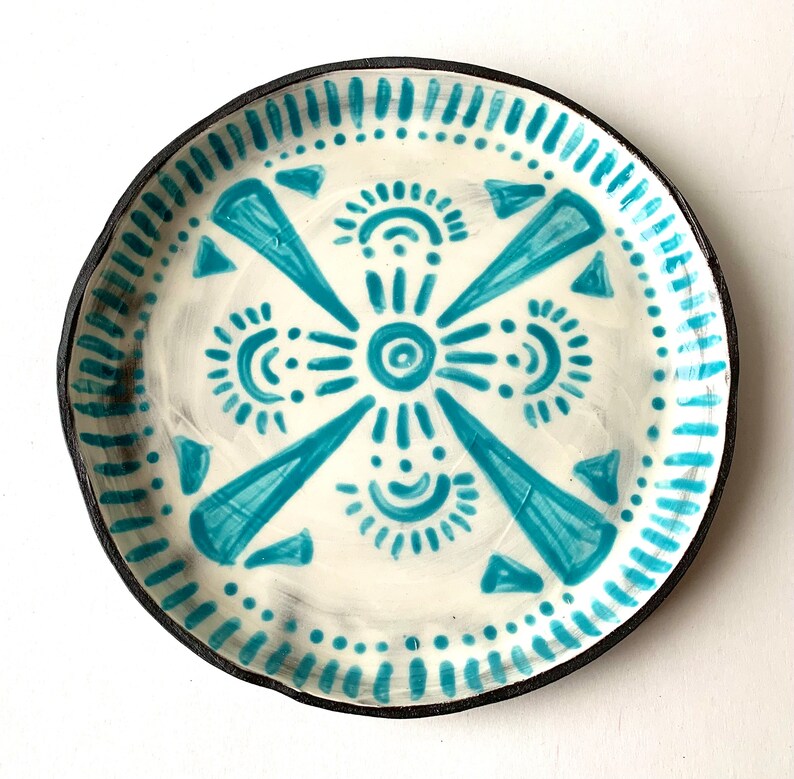 Set of 2 Small Turquoise & White Black Stoneware Clay Decorative ...