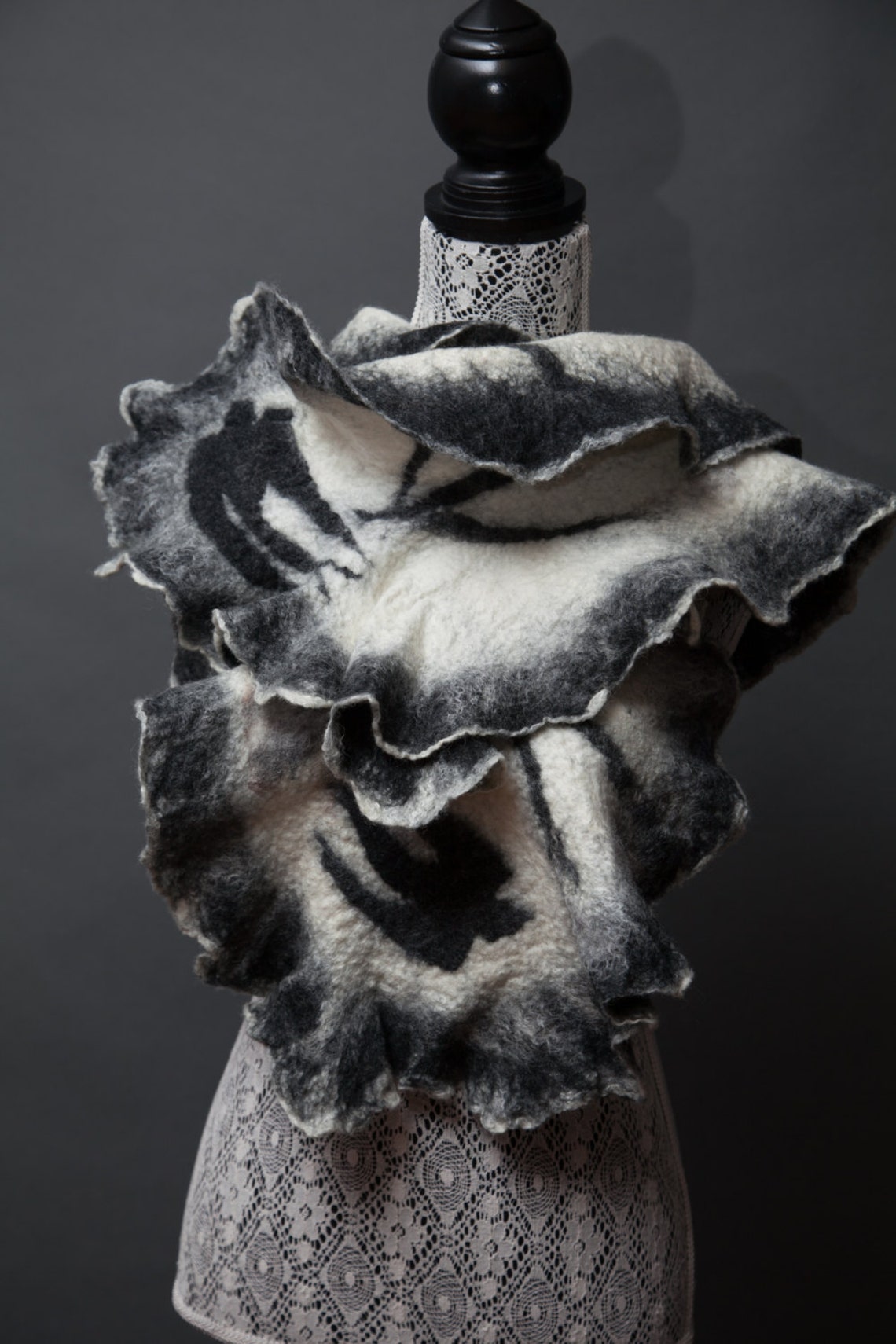Felted Scarf:black Bird felted Scarf,ruffles, Merino Wool, Silk, Wrap ...