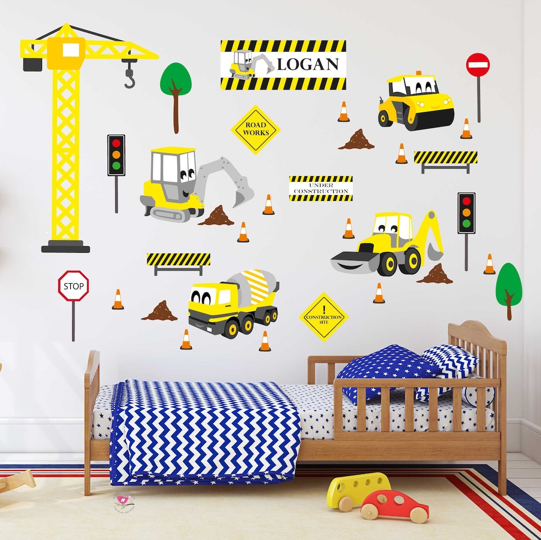 Personalized Construction Wall Decals: Trucks, Digger, Boys Room Decor ...