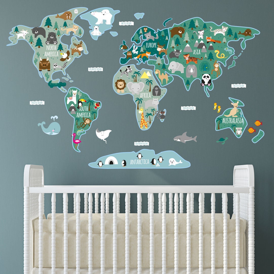 Childrens World Map Decal, Educational Kids Wall Sticker, Toddler Room ...