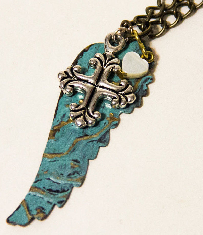 Feathered Wing Pendant With Heart & Cross Necklace, Teal Wing With ...