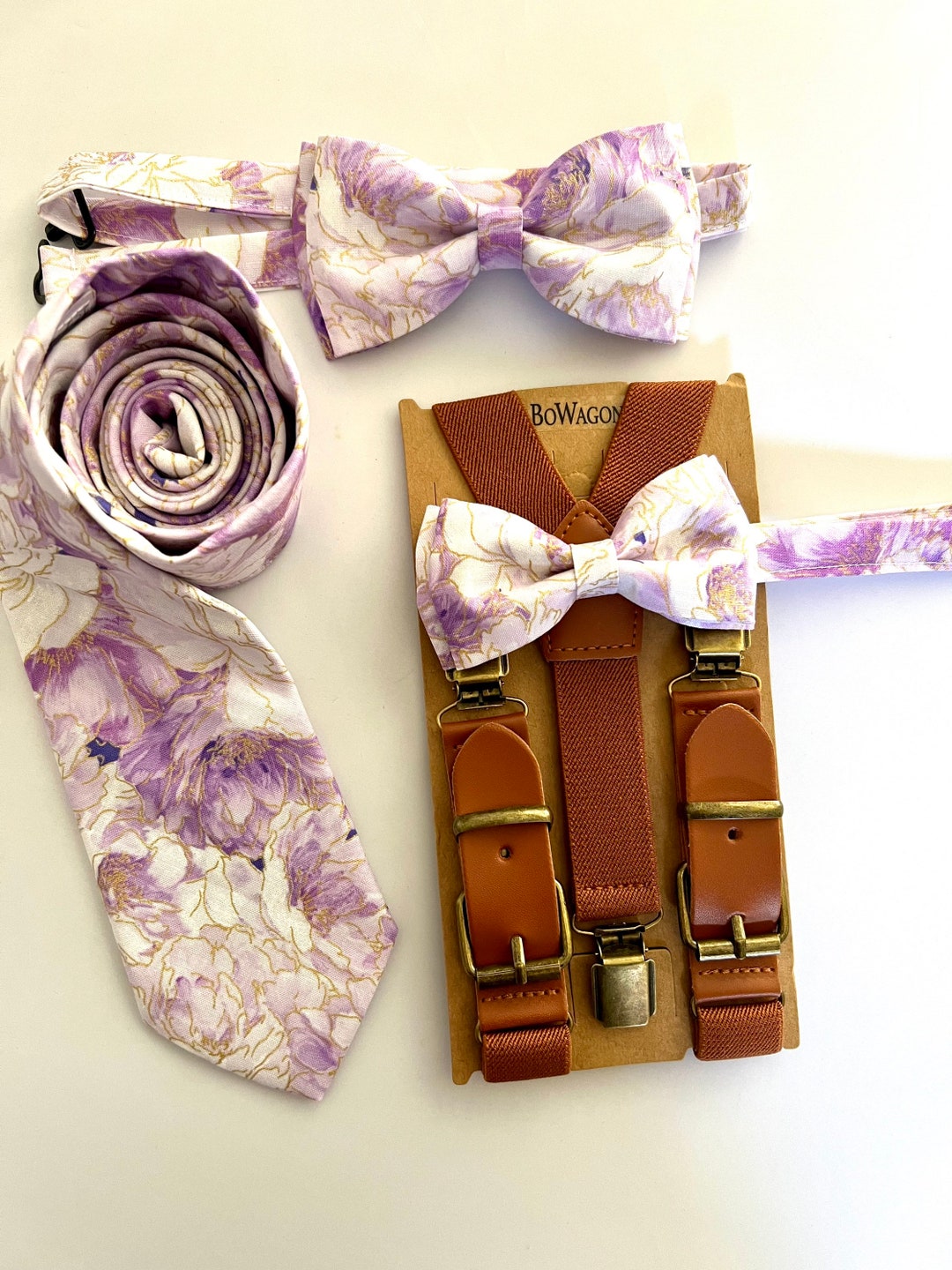 Lilac Spring Flowers Bow Tie Cognac Elastic Suspenders Set, Purple ...