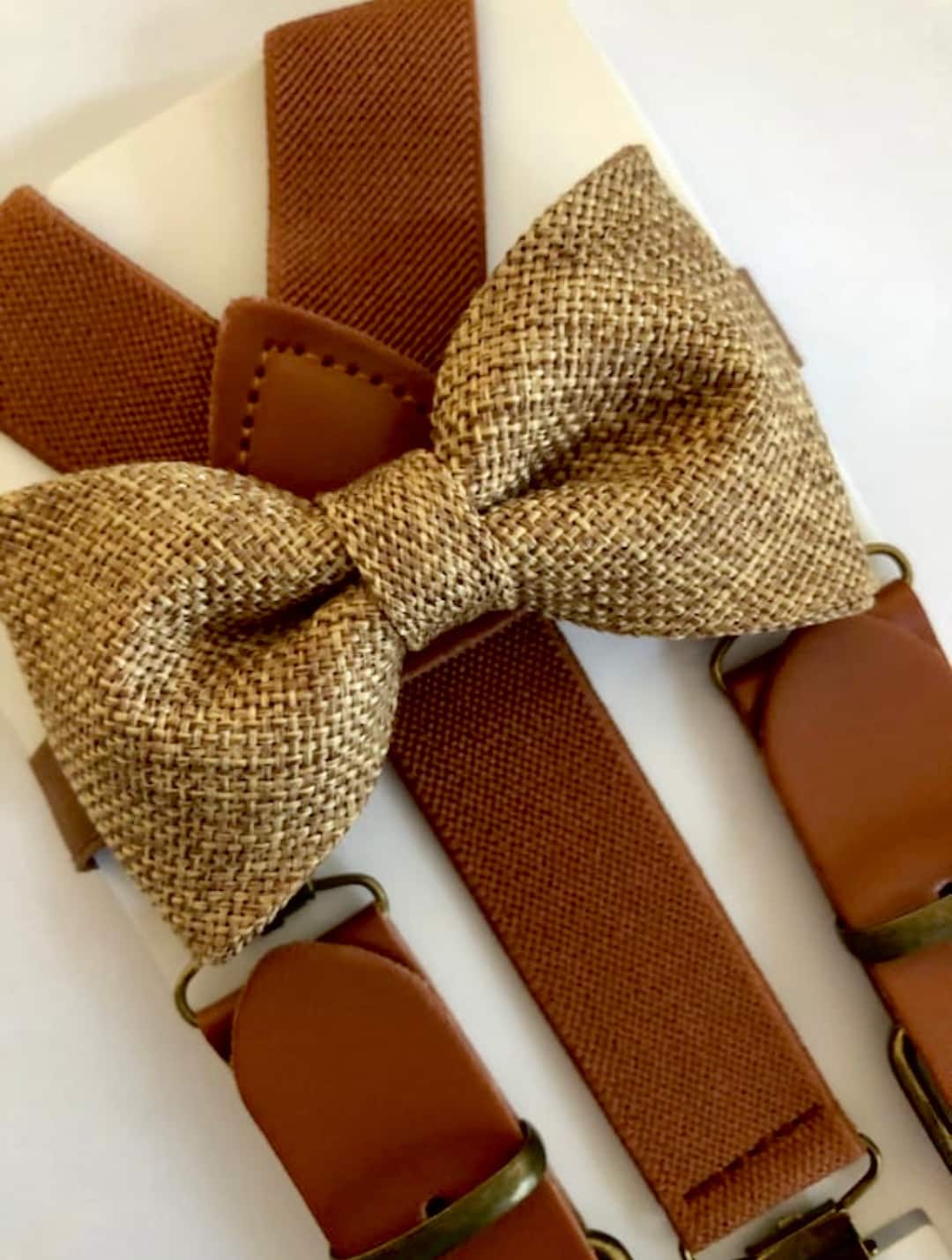 Burlap Brown Bow Tie Elastic Suspenders and Brown Burlap Bow Tie Set ...