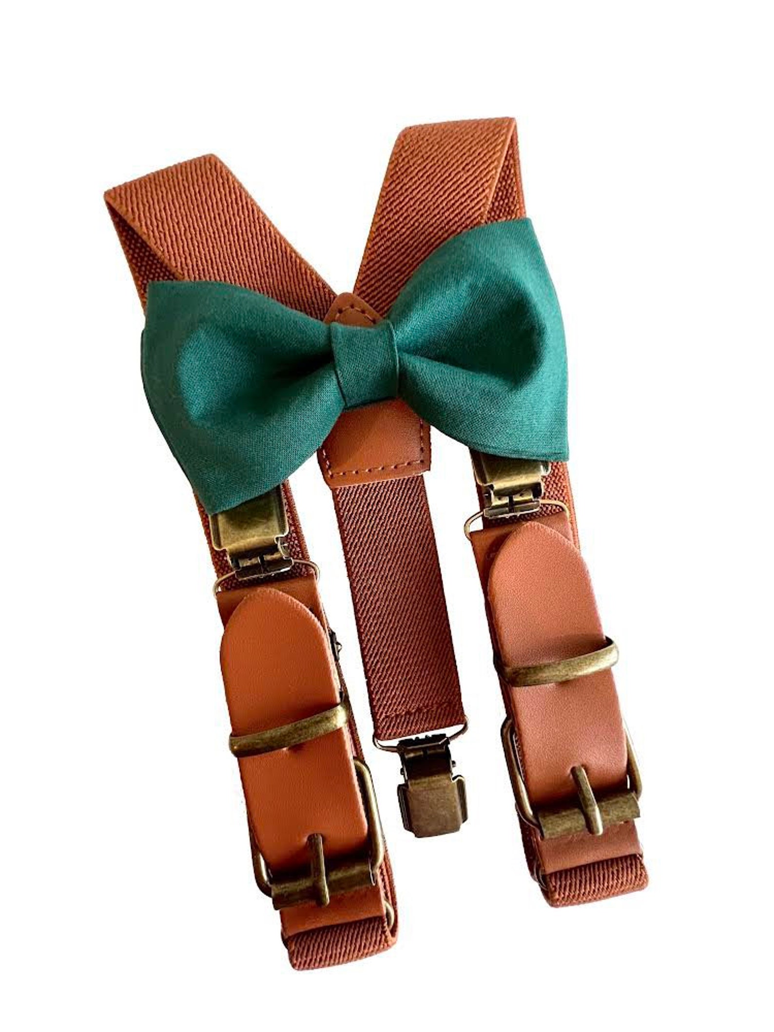 Brown Elastic Suspenders and Dark Green Bow Tie Set Groomsman/ - Etsy