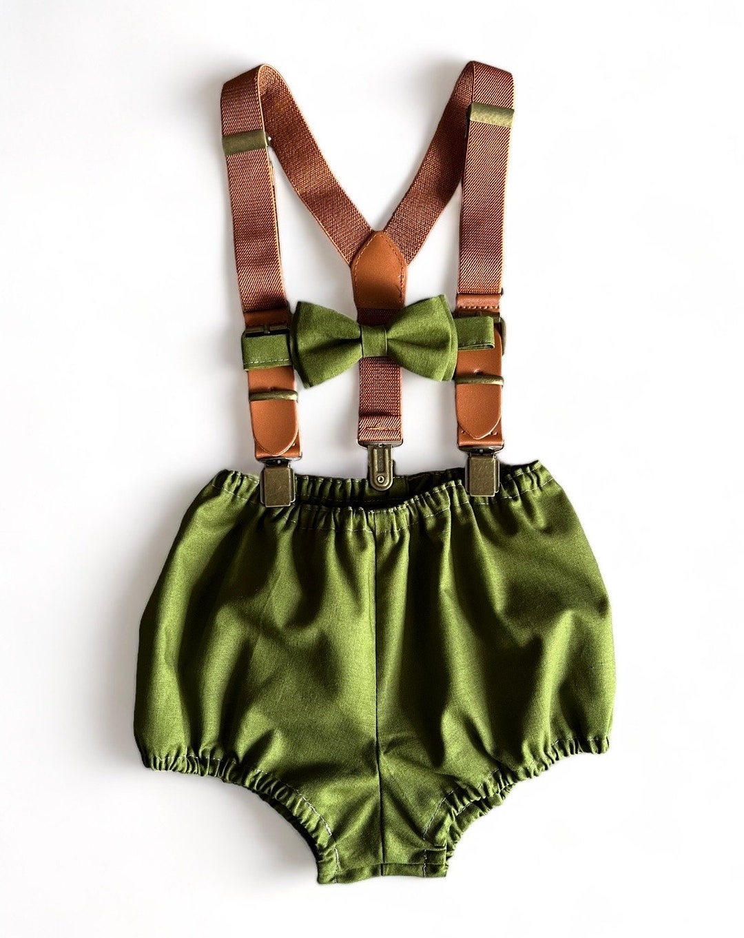 Baby Boy’s Olive Bloomers and Brown Suspenders Birthday Outfit. Olive ...