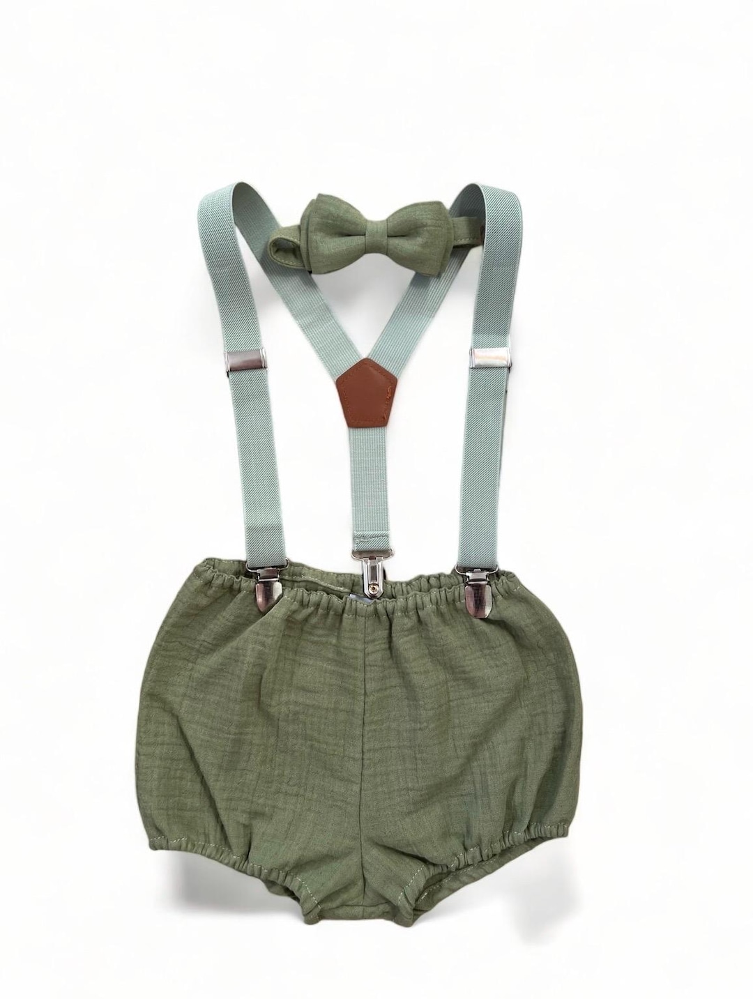 Sage Green Bloomers and Suspenders Baby's Cake Smash Outfit. Green Bow ...