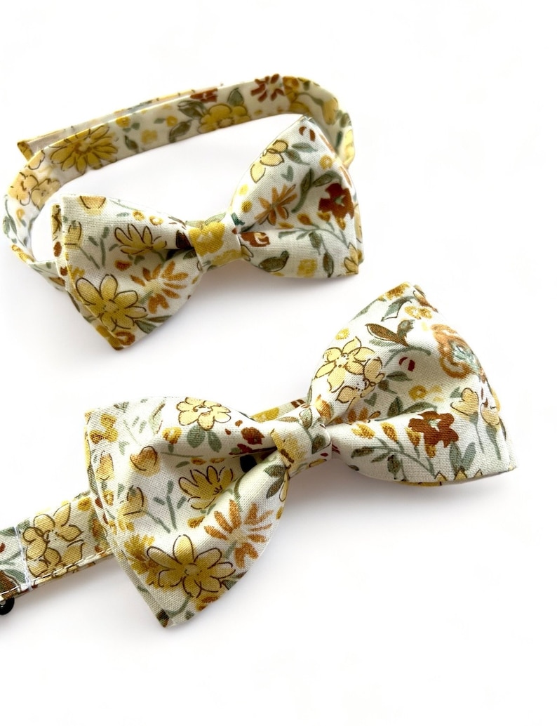 Yellow Mustard Beige Floral Flowers Bow Tie and Tan Leather Suspenders ...