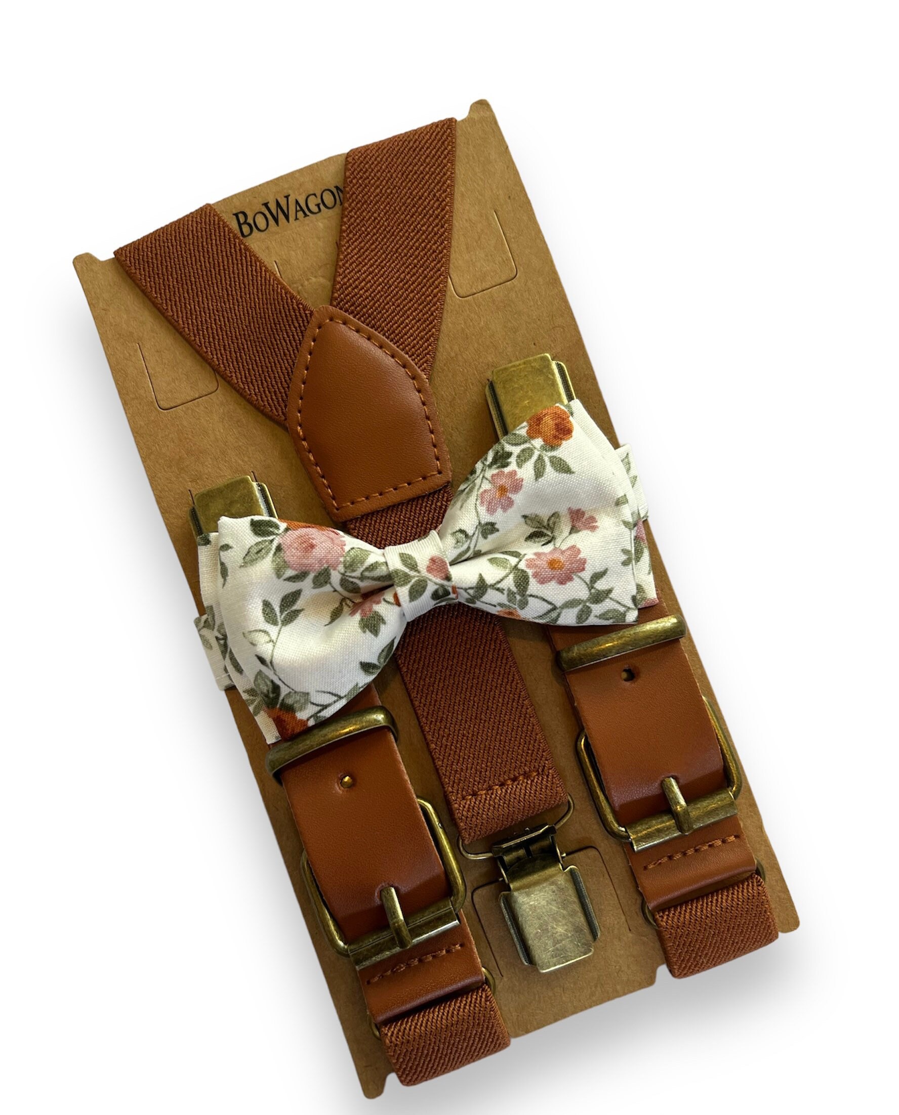 Floral Brown Flowers Bow Tie and Brown Elastic Suspenders. Groomsmen ...