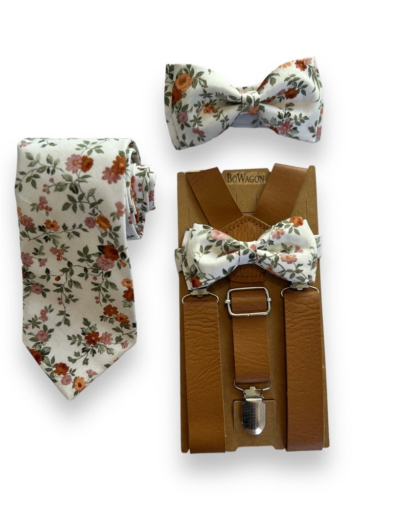 Floral Brown Flowers Bow Tie and Tan Leather Suspenders. Groomsmen ...