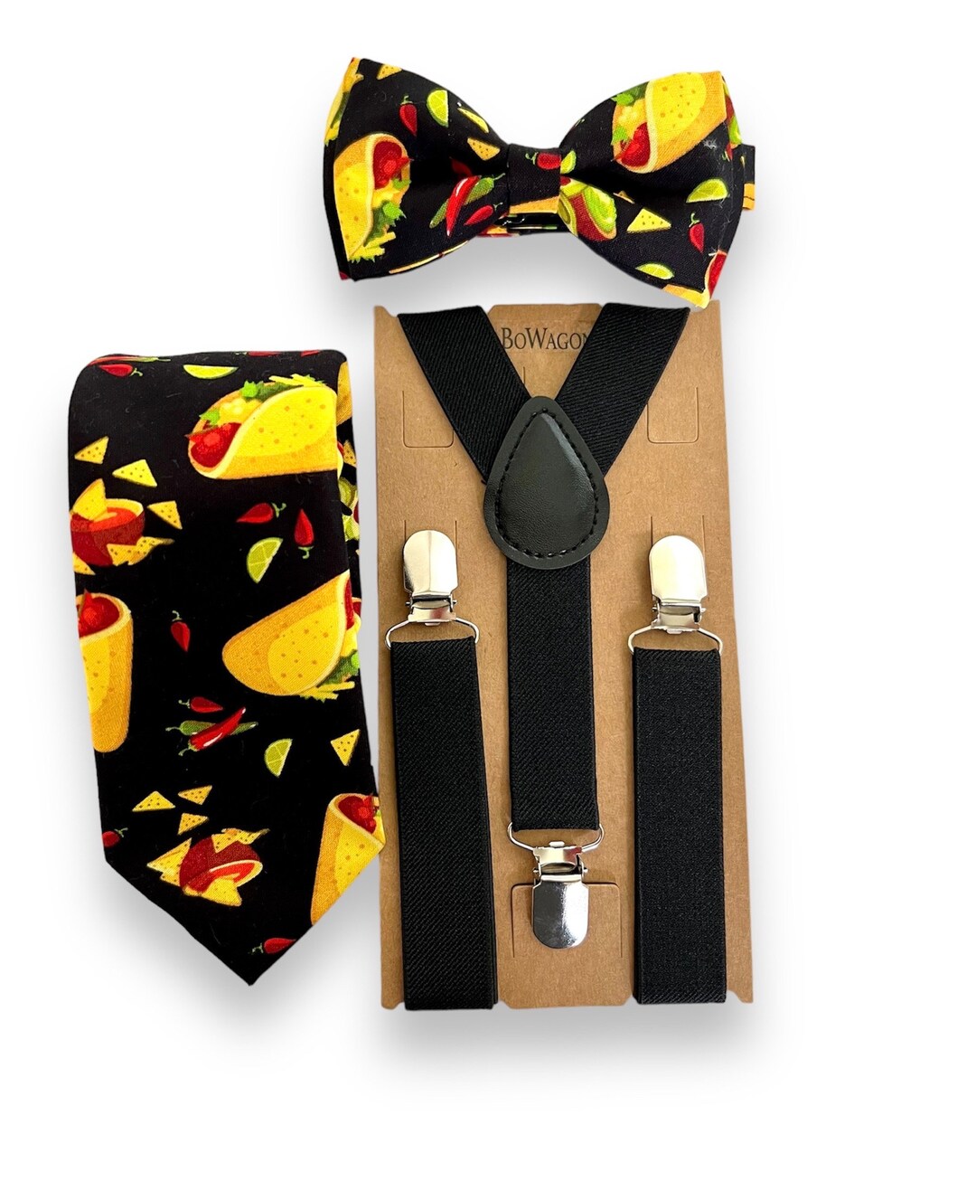 Taco Bow Tie, Taco Necktie and Black Elastic Suspenders. Taco Neck ...