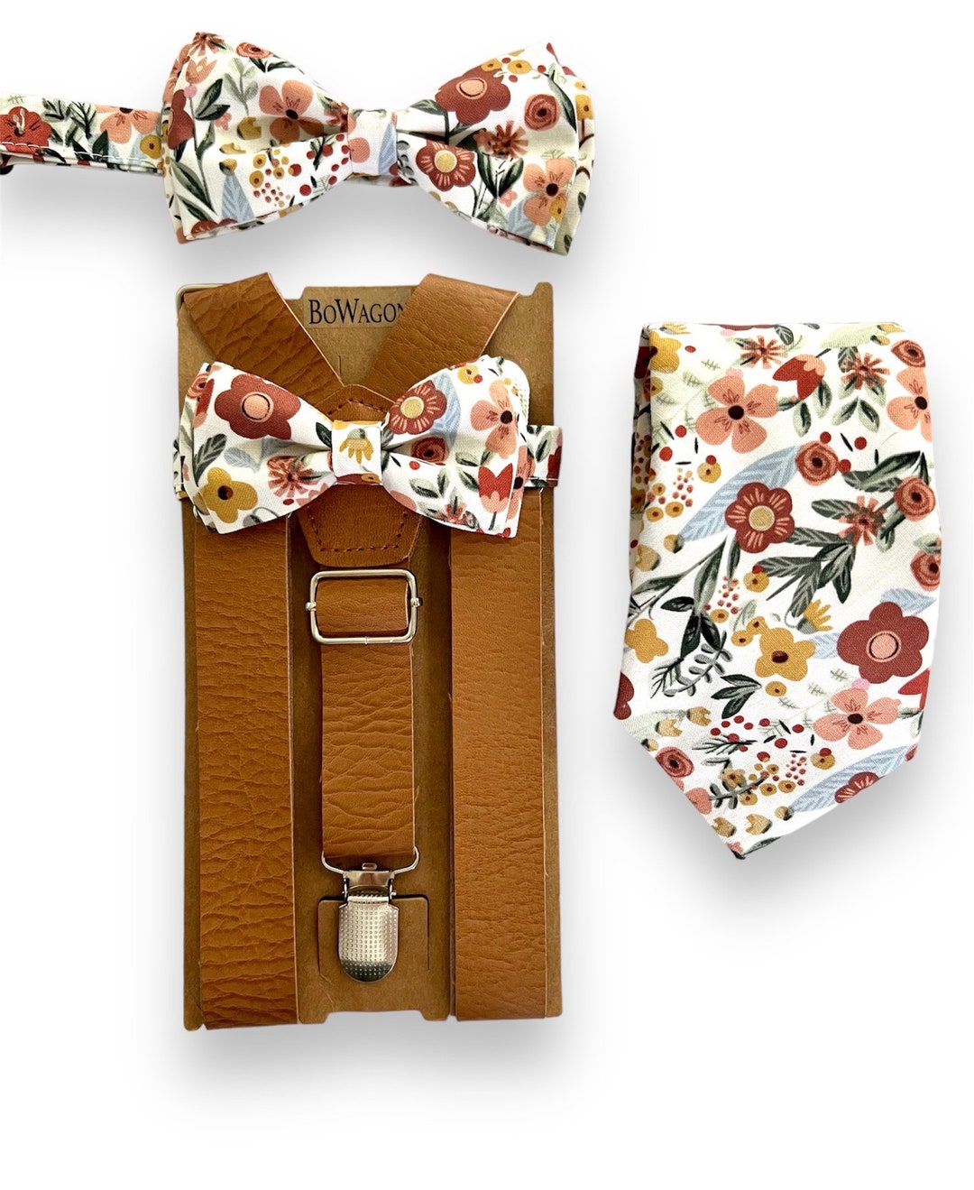 Floral Brown Autumn Flowers Bow Tie and Tan Leather Suspenders ...