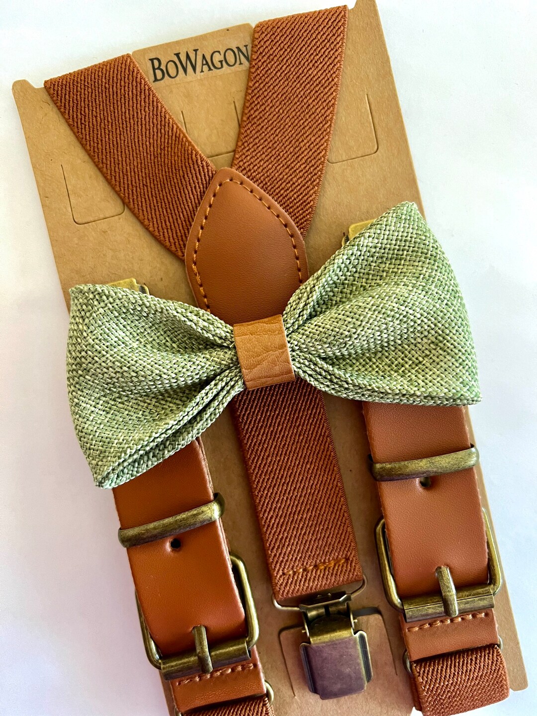 Olive Green Burlap Bow Tie and Brown Elastic Suspenders. Groomsmen ...